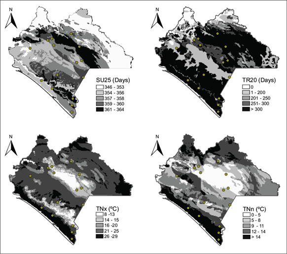 Spatial variation of climate change indices in the state of Chiapas, Mexico